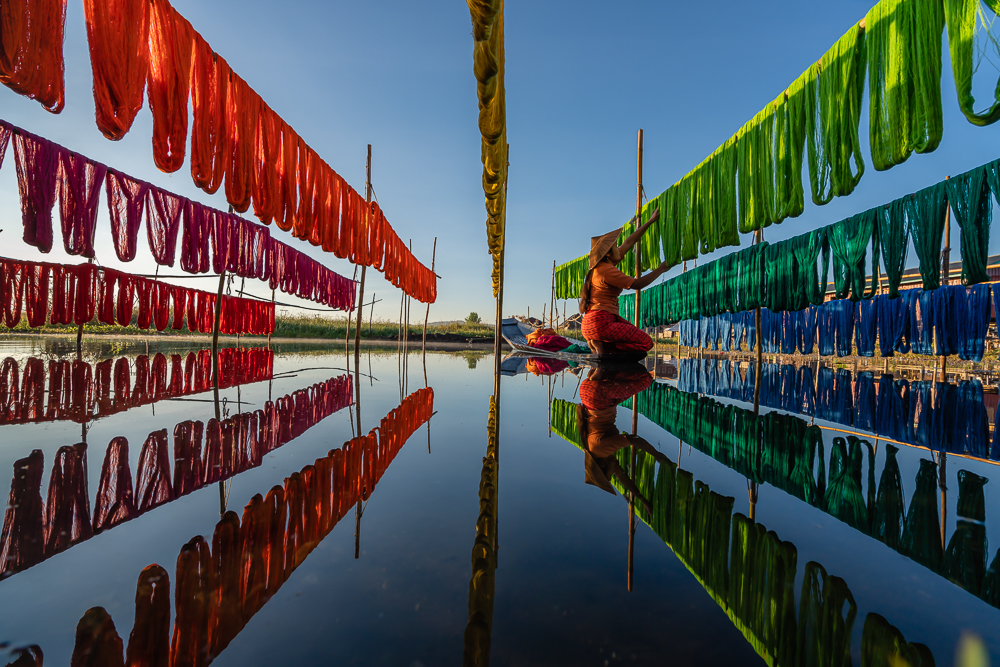 Rows of Colourful Lotus Fabric by Win Tun Naing